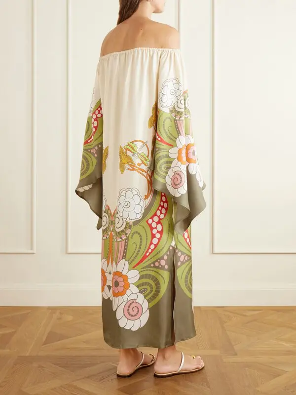 La DoubleJ Goddess Printed Off-the-shoulder Silk-twill Midi Dress - Neutrals