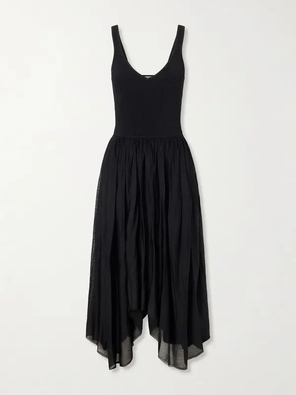 Maria Mcmanus Ribbed Corset Midi Dress With Pleated Chiffon Skirt