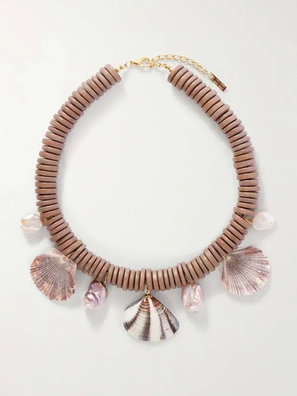 JENNIFER BEHR Madeira Gold-tone Bead-embellished Wood, Shell And Pearl Necklace - Brown