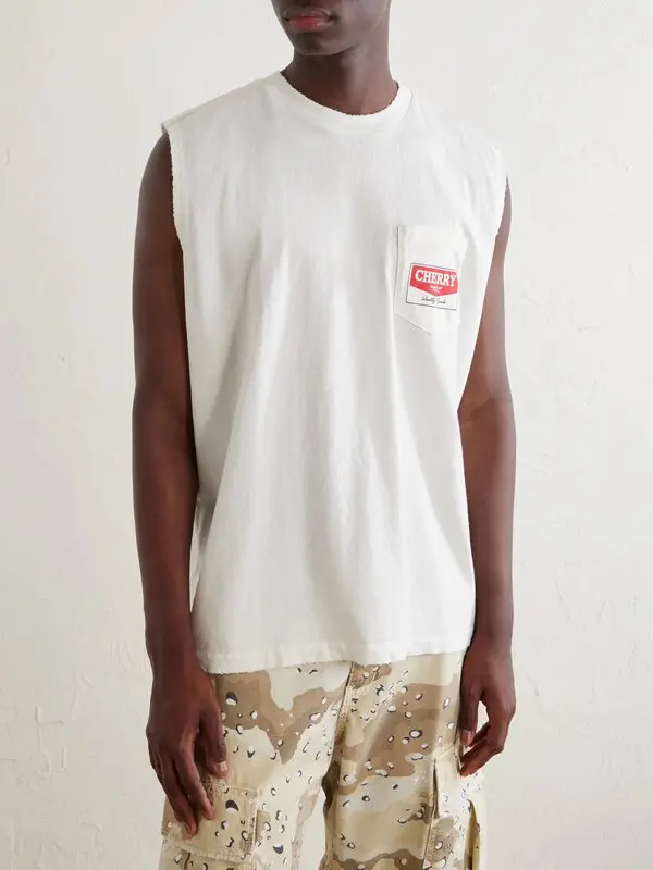CHERRY LOS ANGELES Logo-printed Distressed Cotton-jersey Tank Top - Neutrals