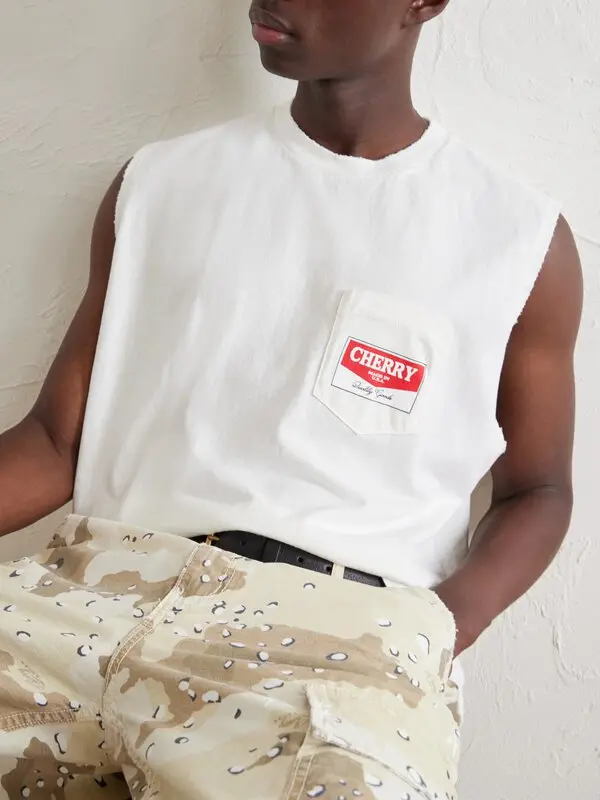 CHERRY LOS ANGELES Logo-printed Distressed Cotton-jersey Tank Top - Neutrals