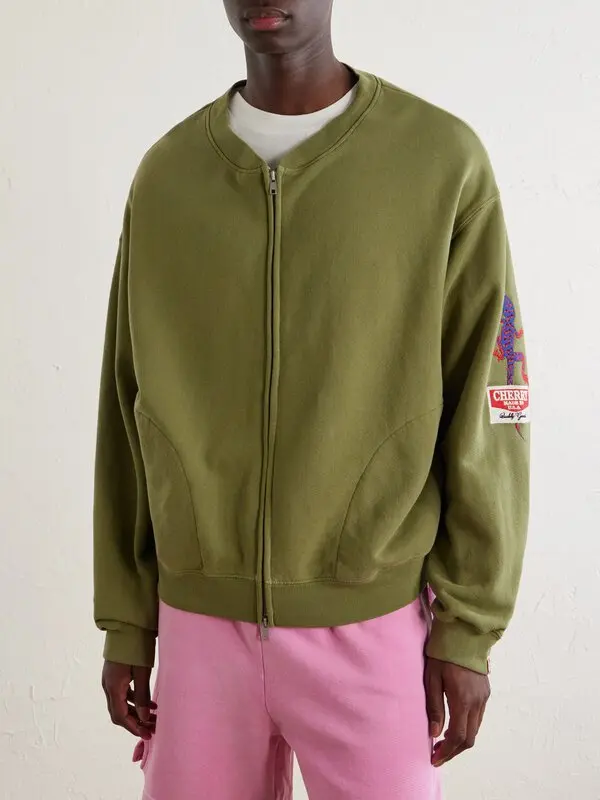 CHERRY LOS ANGELES Embroidered Cotton-jersey Zip-up Sweatshirt