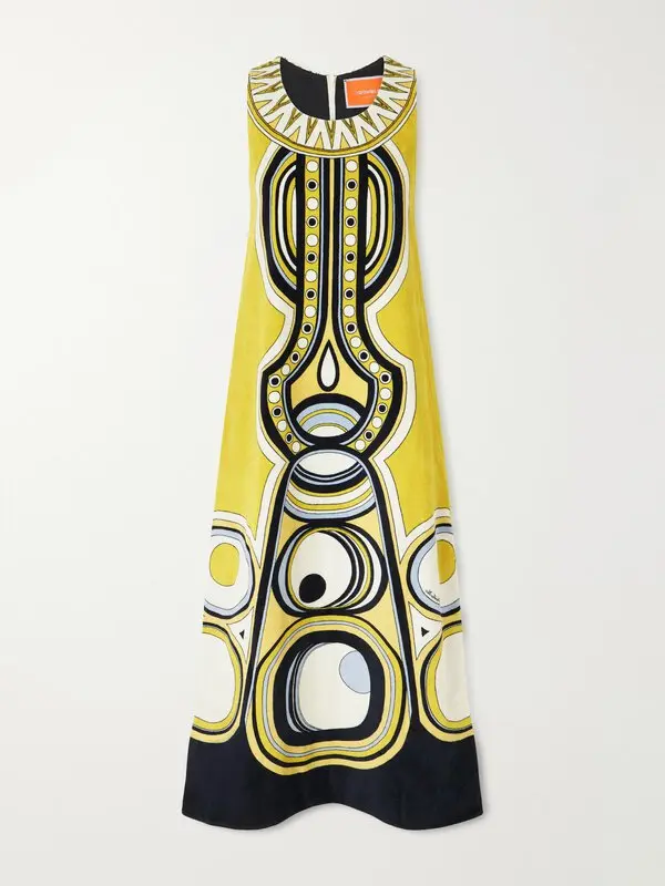 La DoubleJ Totem Graphic Print Cotton Midi Dress - Yellow