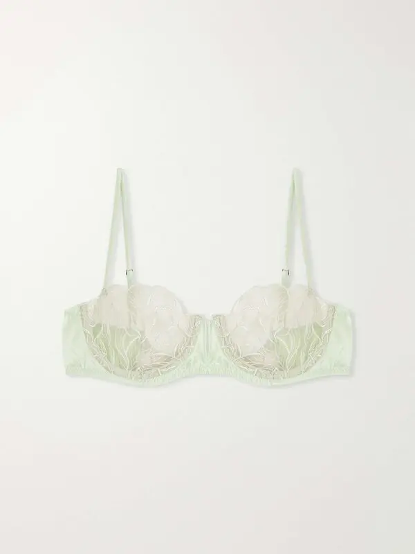 Kiki De Montparnasse Calla Lily Floral-embroidered Mesh And Satin Balconette Bra - Green
