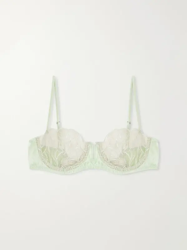Kiki De Montparnasse Calla Lily Floral-embroidered Mesh And Satin Balconette Bra - Green