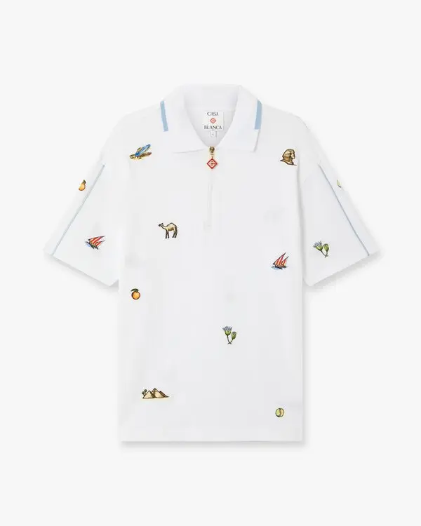Casablanca White Icon Quarter Zip Embroidered Short Sleeve Polo Shirt - Light Blue