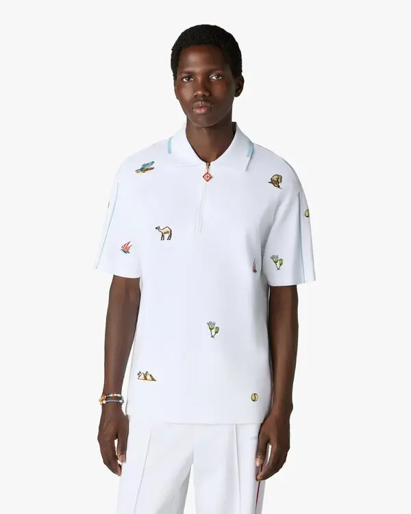 Casablanca White Icon Quarter Zip Embroidered Short Sleeve Polo Shirt - Light Blue