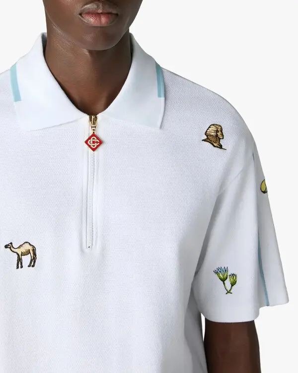 Casablanca White Icon Quarter Zip Embroidered Short Sleeve Polo Shirt - Light Blue