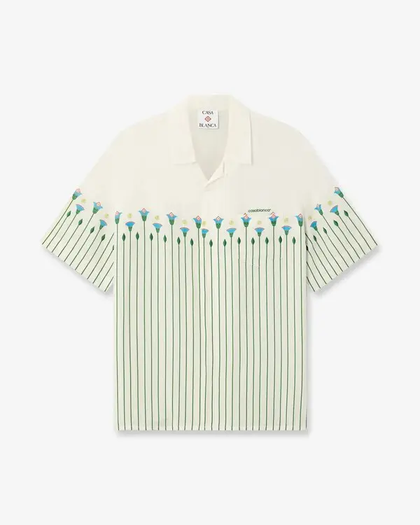 Casablanca Linen Floral Stripe Sporty Short Sleeve Shirt - Green