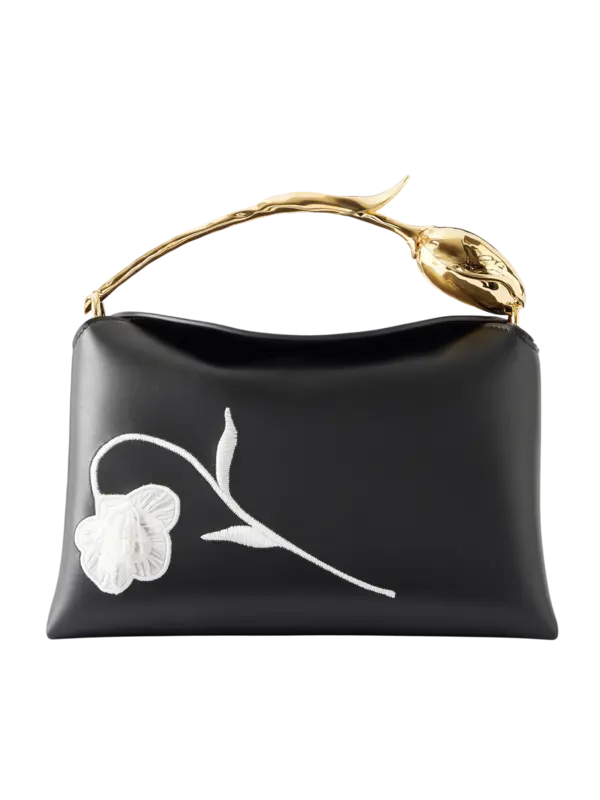 Erdem Medium Floral-embroidered Leather Clutch With Gold-tone Hoop Handle - Black