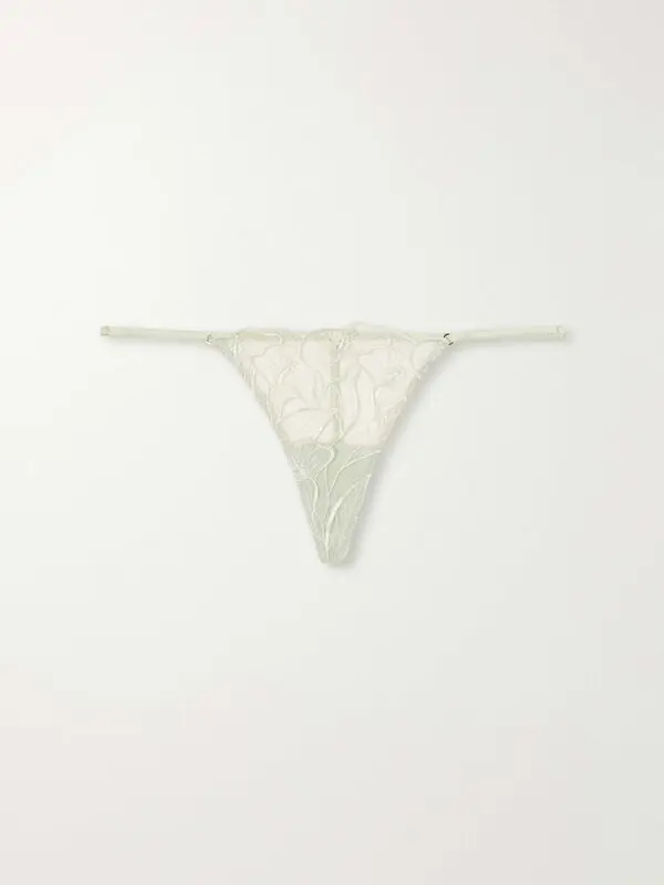 Kiki De Montparnasse Calla Lily Floral-embroidered Mesh Thong - Green