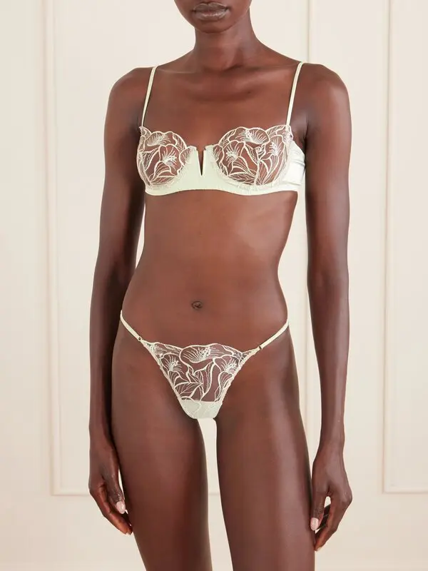 Kiki De Montparnasse Calla Lily Floral-embroidered Mesh Thong - Green