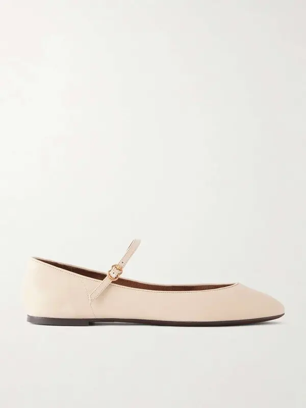 HERBERT LEVINE Textured Leather Ballet Flats With Buckled Ankle Strap - Cream