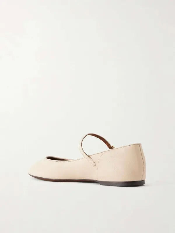 HERBERT LEVINE Textured Leather Ballet Flats With Buckled Ankle Strap - Cream