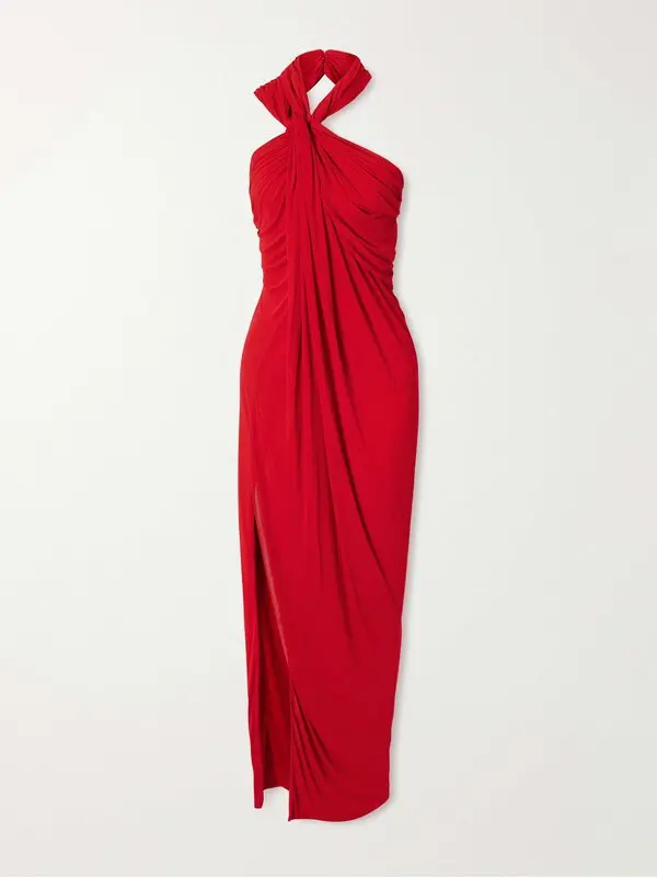Balmain Draped Halterneck Jersey Maxi Dress