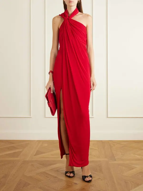 Balmain Draped Halterneck Jersey Maxi Dress