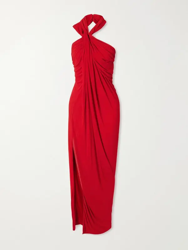 Balmain Draped Halterneck Jersey Maxi Dress