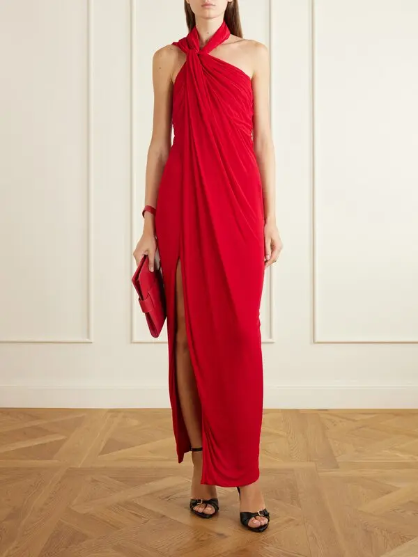 Balmain Draped Halterneck Jersey Maxi Dress