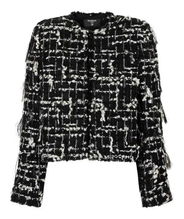 Balmain Cropped Embellished Metallic Tweed Jacket - Black