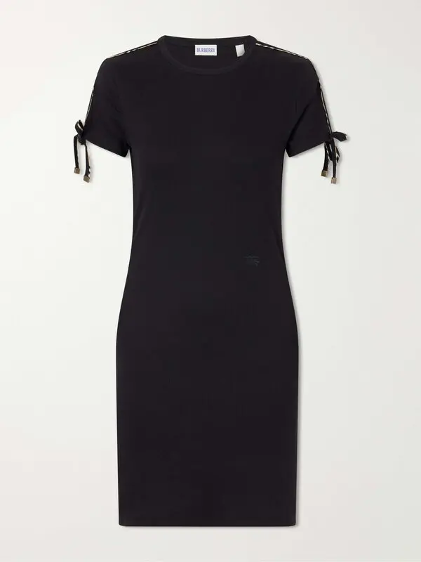 Burberry Tie-detailed Ribbed Stretch-cotton Jersey Mini Dress - Black
