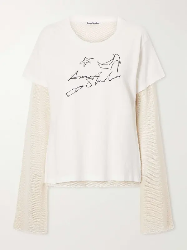 Acne Studios Evina Layered Logo-printed Mesh-trimmed Cotton And Hemp-blend T-shirt