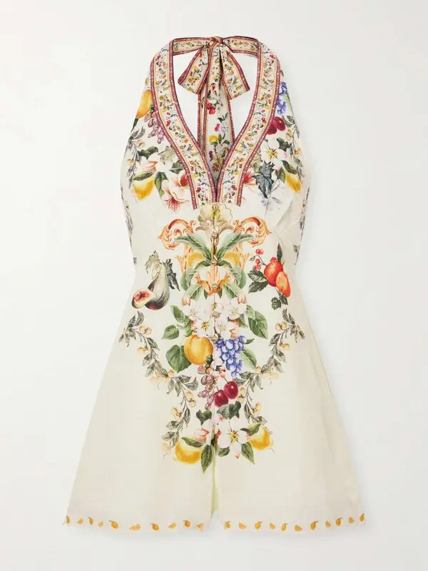 Camilla Embellished Floral-print Linen Playsuit
