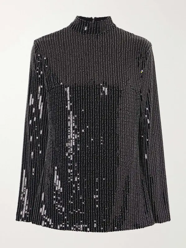DIMA AYAD Studded Sequin-trimmed Jersey Blouse