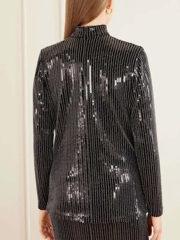 DIMA AYAD Studded Sequin-trimmed Jersey Blouse