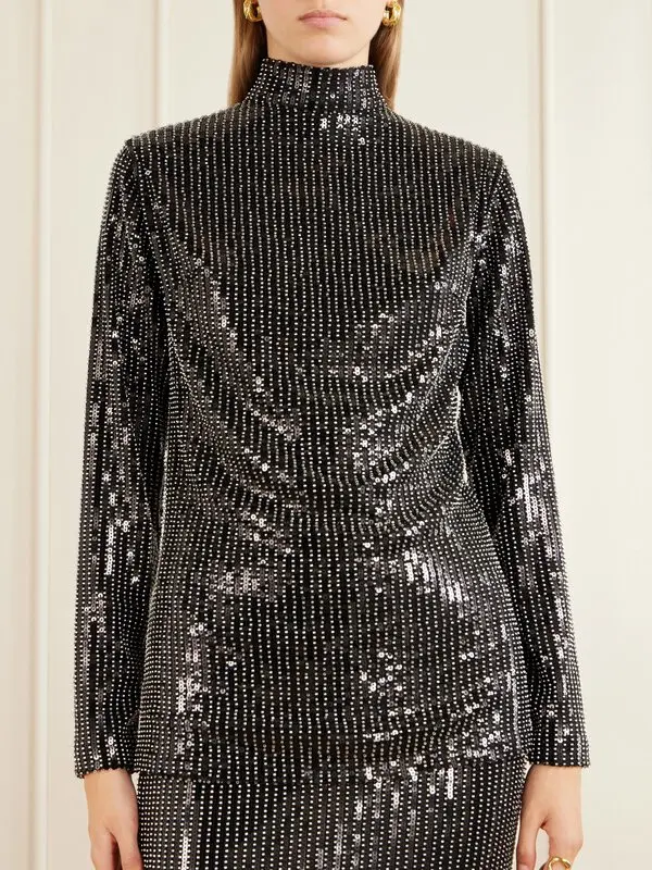 DIMA AYAD Studded Sequin-trimmed Jersey Blouse
