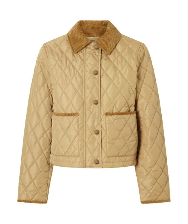 Burberry Cropped Quilted Jacket With Corduroy Trim - Beige
