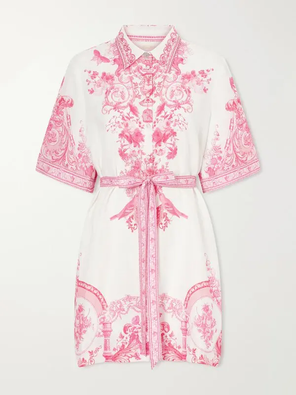 Camilla Linen Mini Shirt Dress With Baroque Floral Print And Embellishments