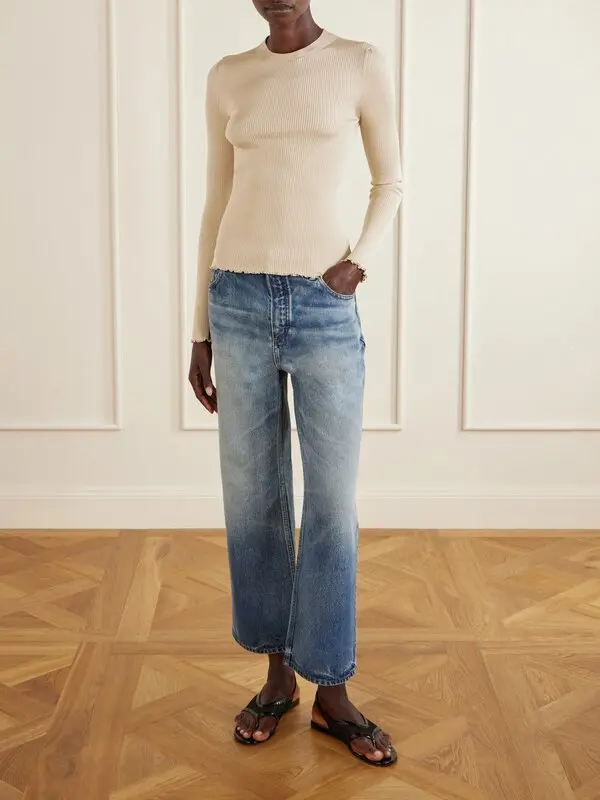 Alaïa Ribbed Silk-blend Top With Lettuce Hem - Neutrals