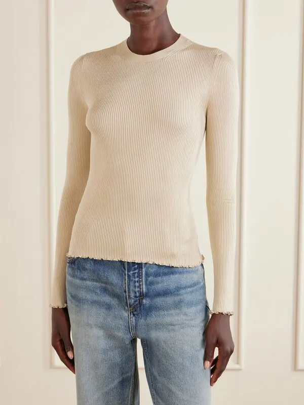 Alaïa Ribbed Silk-blend Top With Lettuce Hem - Neutrals