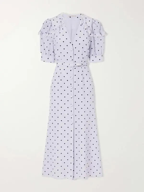 Alessandra Rich Belted Polka-dot Lace-trimmed Silk Midi Dress - Blue