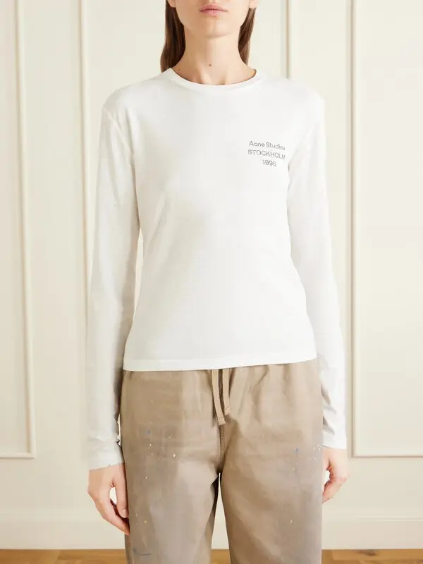 Acne Studios Distressed Logo Print Long Sleeve T-shirt - Neutrals