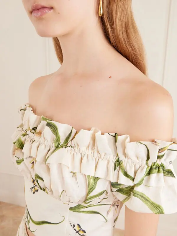 Agua Bendita Pimienta Azucar Cropped Floral Linen Top - Neutrals