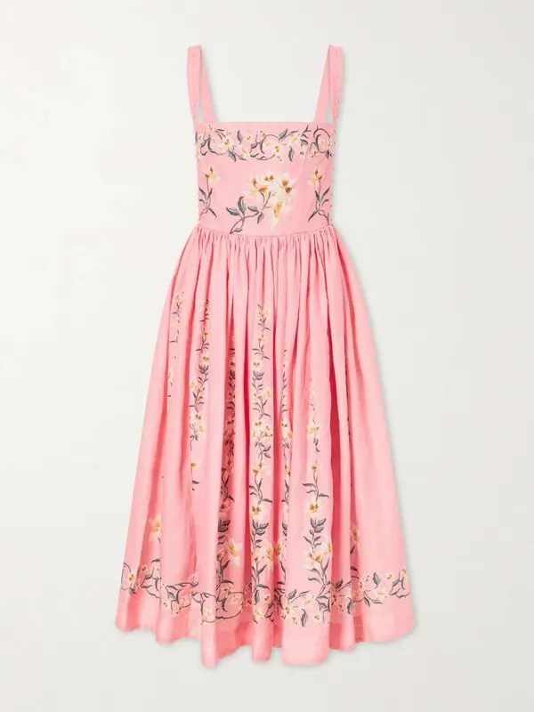 Agua Bendita Mielero Promesa Bead-embellished Floral-print Linen Midi Dress - Pink