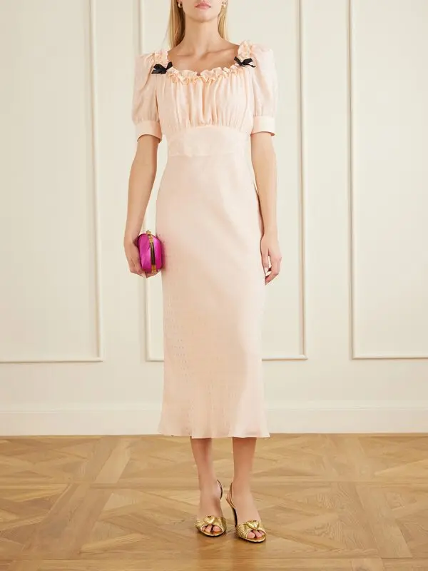 Alessandra Rich Ruffled Bow-embellished Silk-jacquard Midi Dress