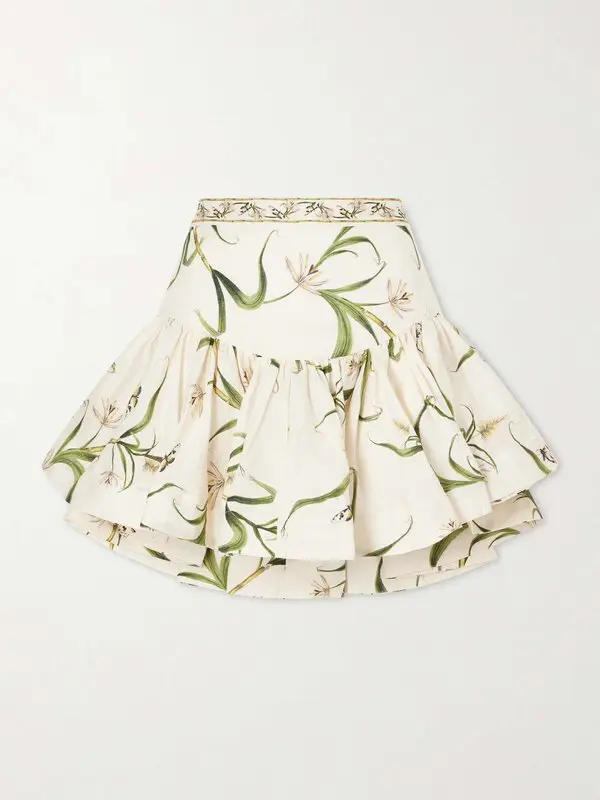 Agua Bendita Jacarina Ruffled Floral-printed Linen Mini Skirt - Cream