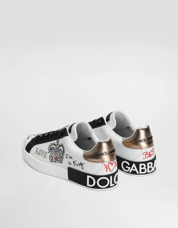 Dolce & Gabbana Portofino Sneakers In Printed Nappa Calfskin With Embellished Crown
