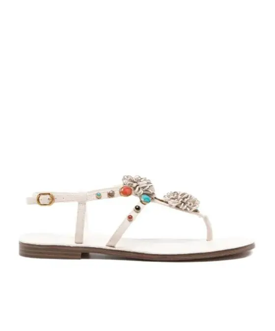 TWINSET Embellished Floral T-strap Flat Sandals - White