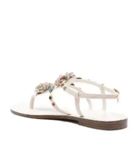 TWINSET Embellished Floral T-strap Flat Sandals - White