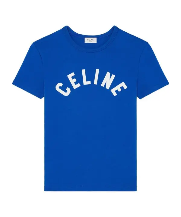 Celine T-shirt In Ribbed Cotton Jersey - Light Blue/white