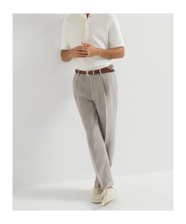 Brunello Cucinelli Garment-dyed Linen Gabardine Trousers With Pleat - Gray