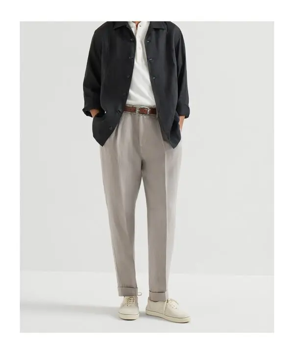 Brunello Cucinelli Garment-dyed Linen Gabardine Trousers With Pleat - Gray