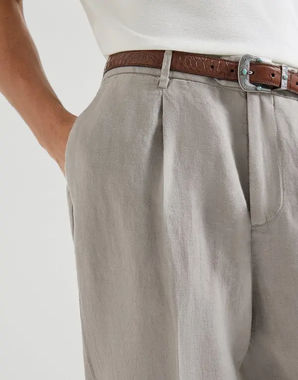 Brunello Cucinelli Garment-dyed Linen Gabardine Trousers With Pleat - Gray