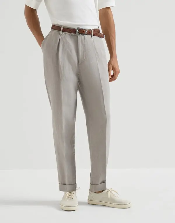 Brunello Cucinelli Garment-dyed Linen Gabardine Trousers With Pleat - Grey