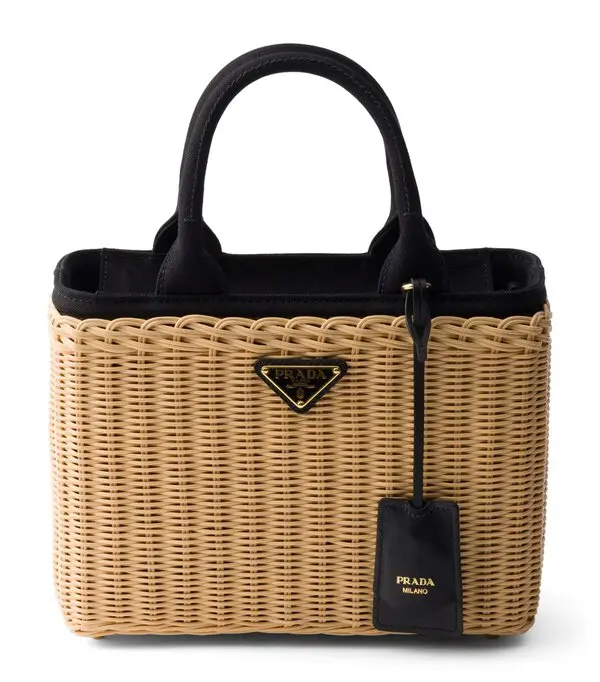Prada Medium Wicker And Canvas Tote Bag