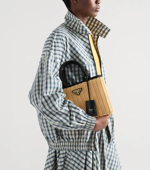 Prada Medium Wicker And Canvas Tote Bag