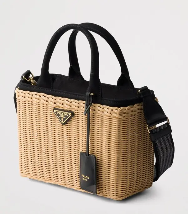 Prada Medium Wicker And Canvas Tote Bag